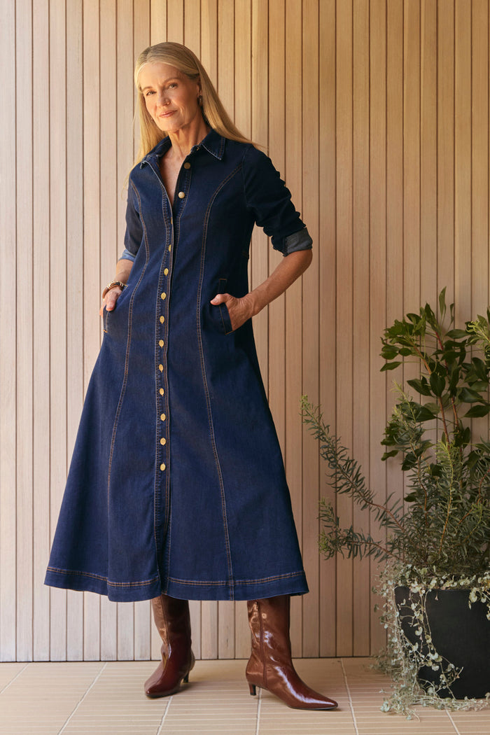 Adrift Collared Denim Dress in Dark Wash | Adrift Clothing