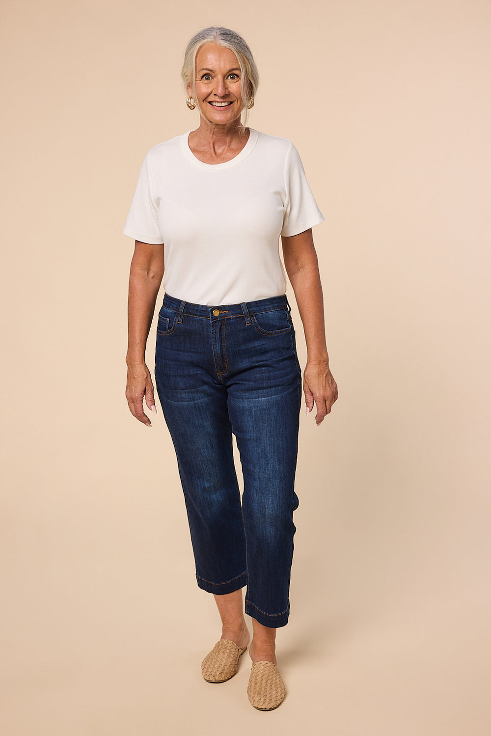 Adrift Denim Cropped Straight Leg Jeans in Dark Wash - Cotton Stretch ...