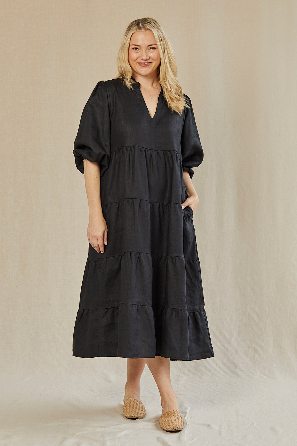 Sabre Linen V-Neck Dress in Black – Adrift Clothing