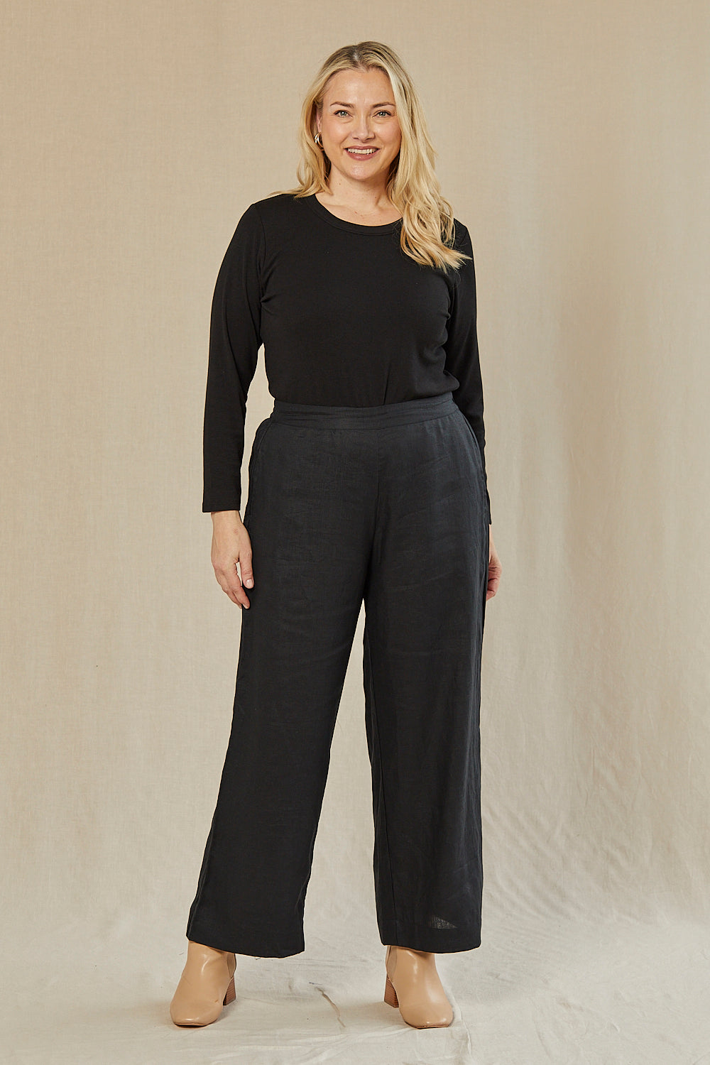 Adrift Considered Camille Wide Leg Pant in Black Linen - Elastic ...