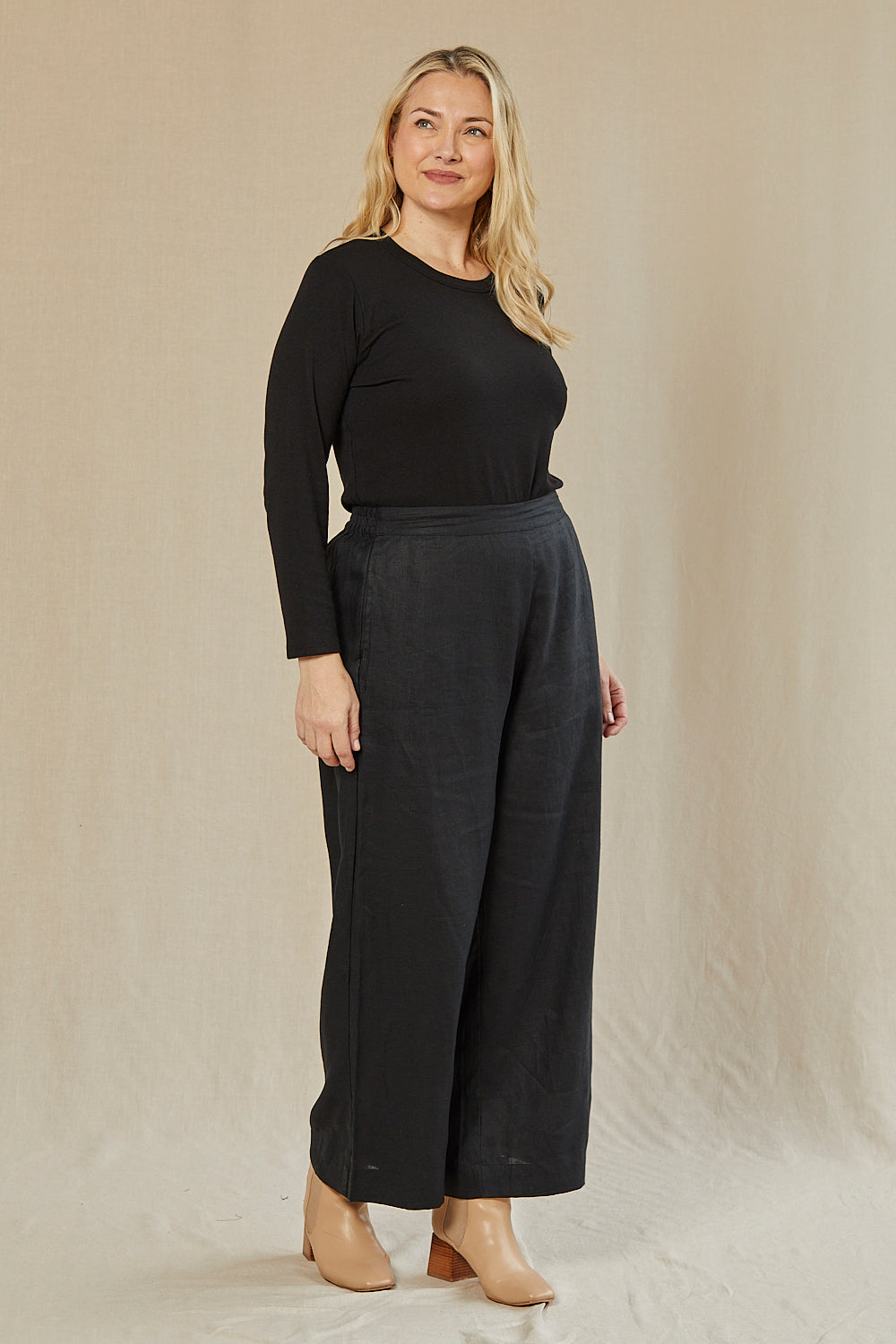 Adrift Considered Camille Wide Leg Pant in Black Linen - Elastic ...