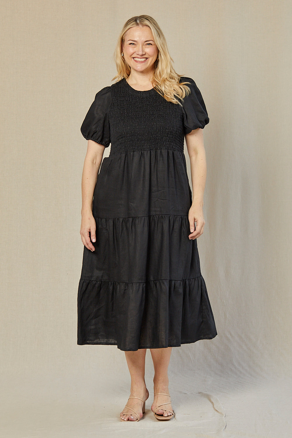 Adrift Basics Minden Shirred Short Sleeve Dress in Black - Linen, Puff ...
