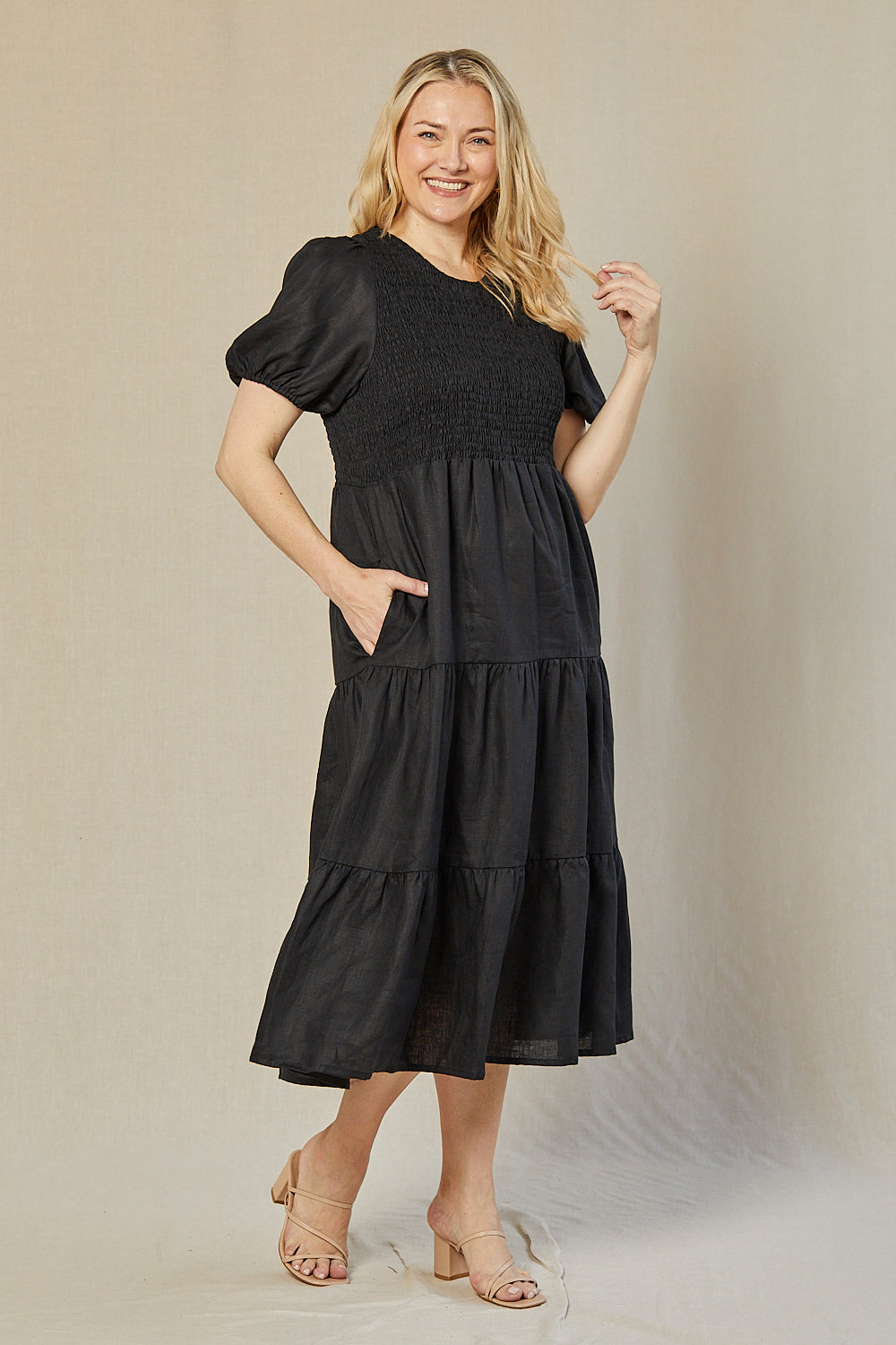 Adrift Basics Minden Shirred Short Sleeve Dress in Black - Linen, Puff ...