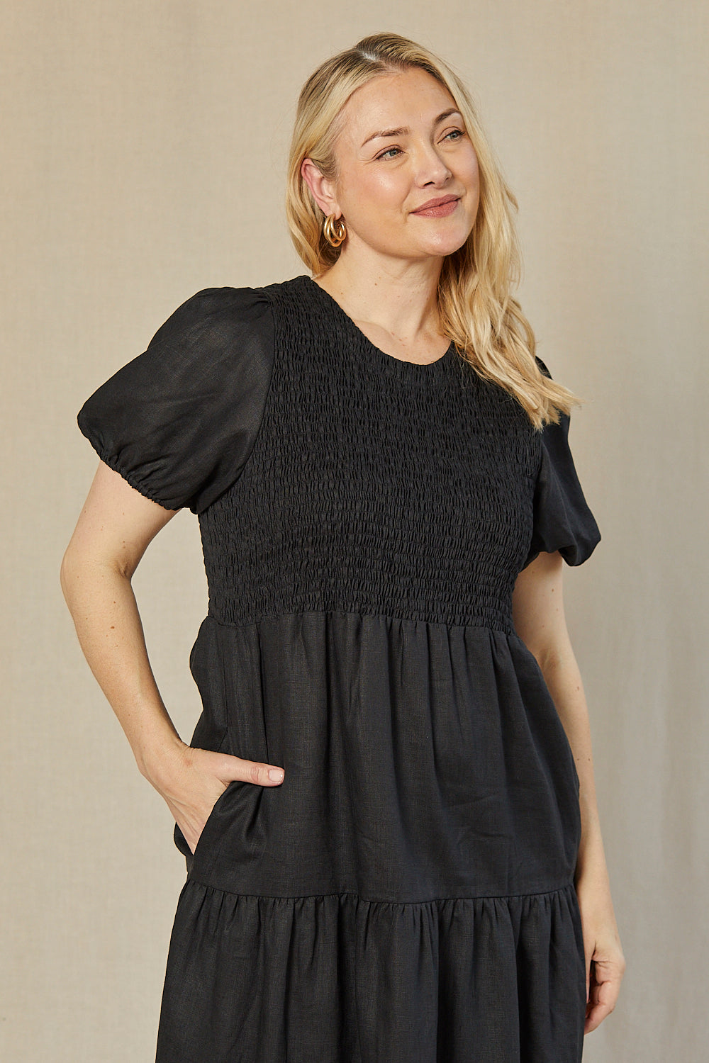 Adrift Basics Minden Shirred Short Sleeve Dress in Black - Linen, Puff ...