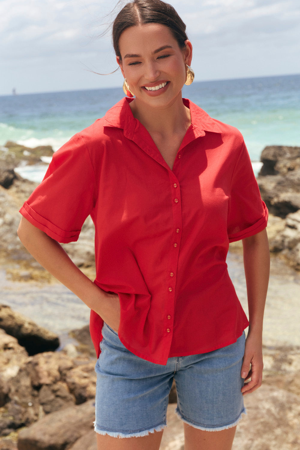 Amani Short Sleeve Cotton Shirt in Racing Red | Adrift Clothing