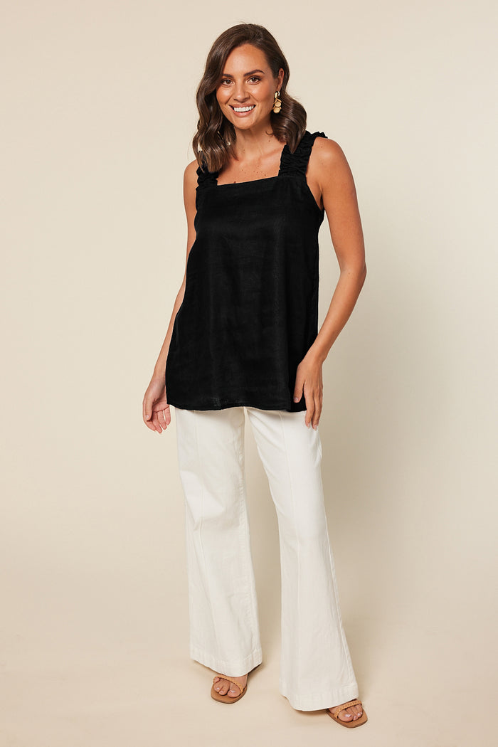 Adrift Signature Claire Linen Summer Top in Black - Square Neckline ...