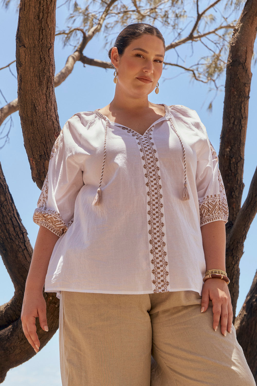 Danny Embroidered Top in Alabaster | Adrift Clothing
