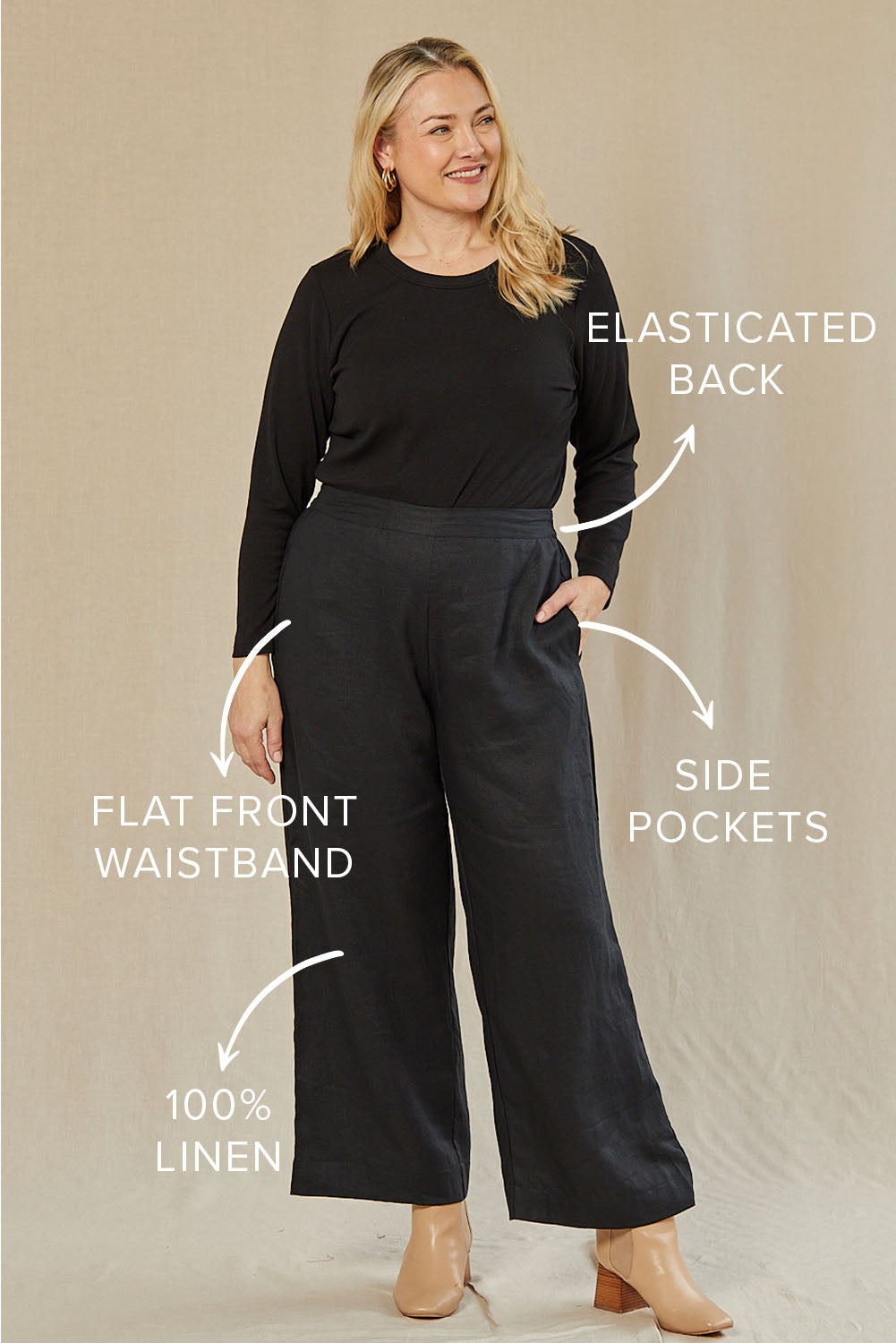 Adrift Considered Camille Wide Leg Pant in Black Linen - Elastic ...