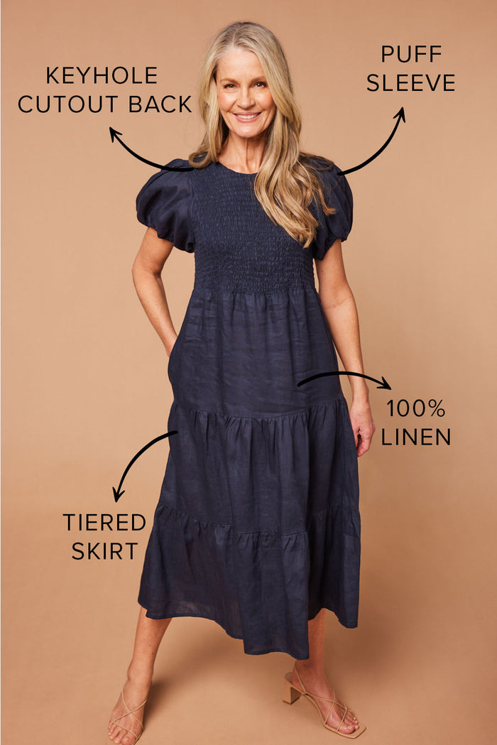 Basics by Adrift Minden Linen Shirred Dress in Navy - Linen, Long ...