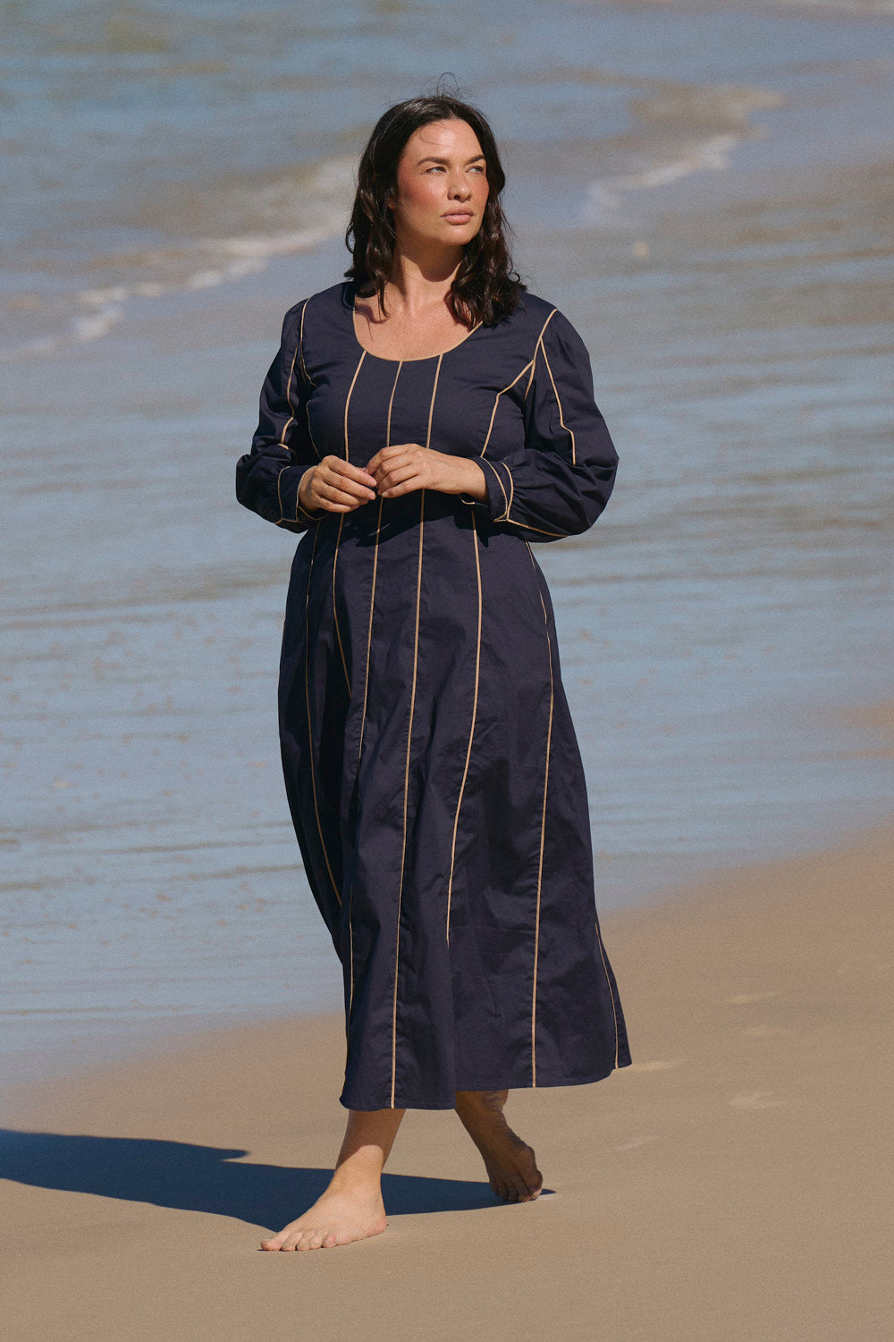 Eva Panelled Dress in Navy Outline | Adrift Clothing