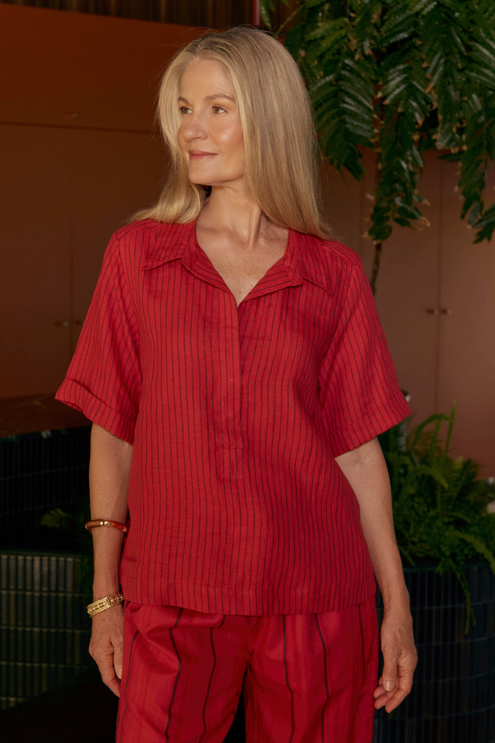 Ella Linen Collared Top in Very Berry | Adrift Clothing