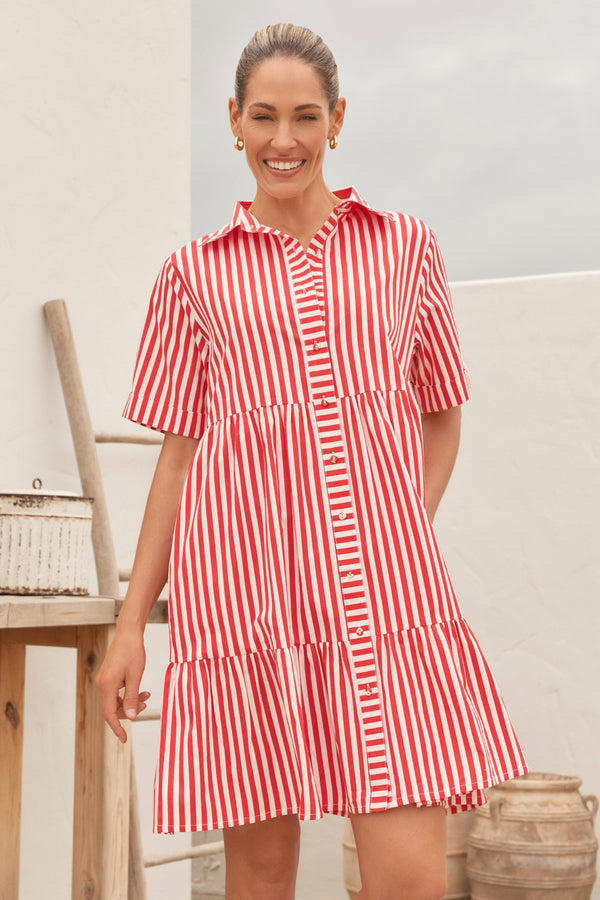 Ginette Short Dress in Red Stripe | Adrift Clothing
