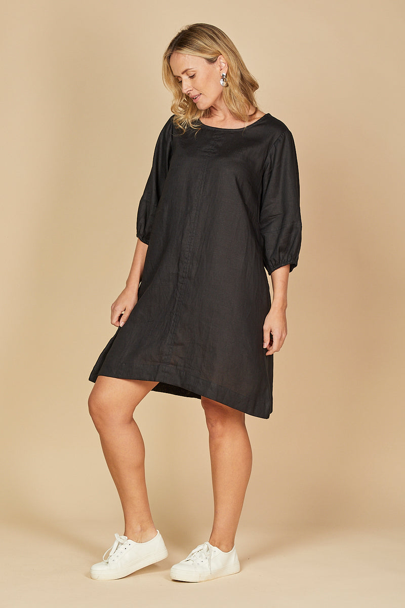 Hazel Short Linen Dress in Black