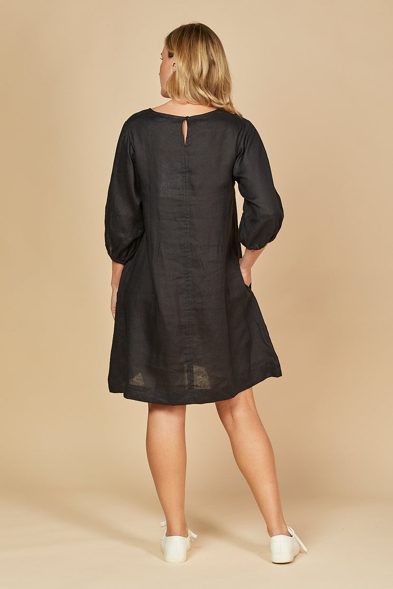Hazel Short Linen Dress in Black
