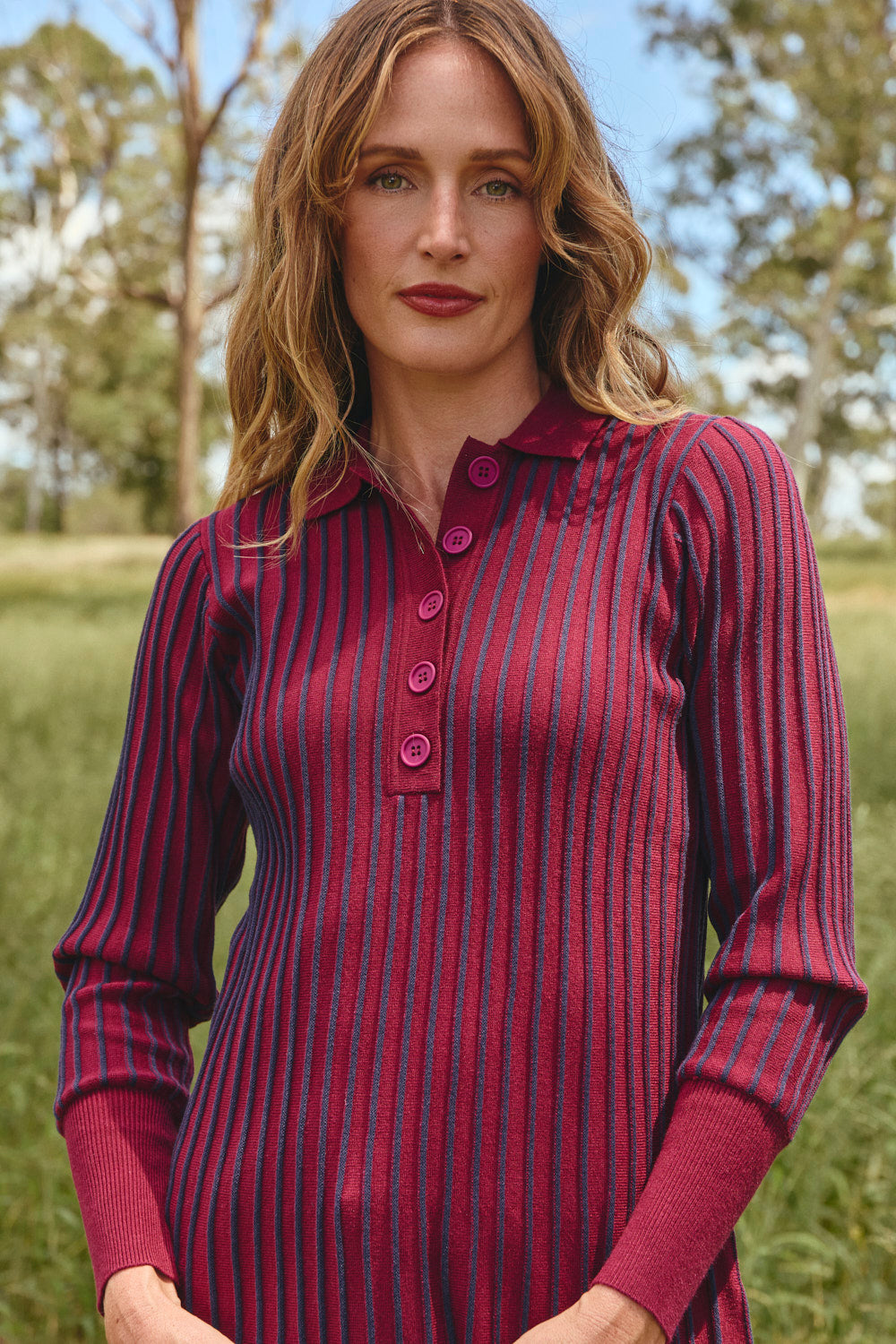 Knitted Collared Jumper in Cherry Red | Adrift Clothing