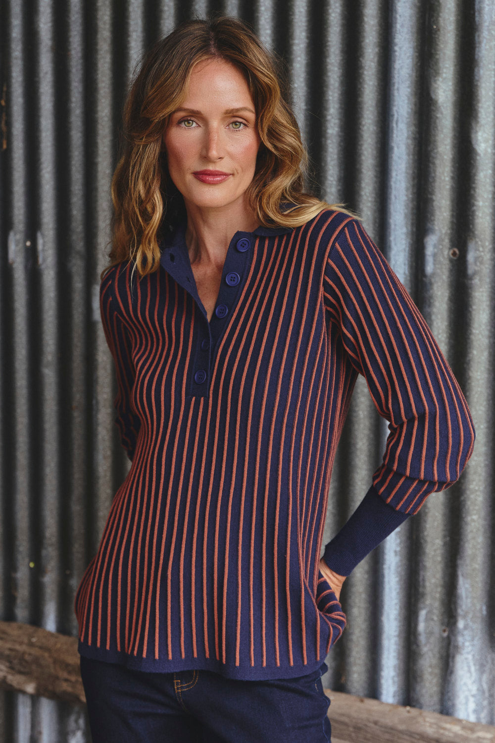 Knitted Collared Jumper in Navy Spice | Adrift Clothing