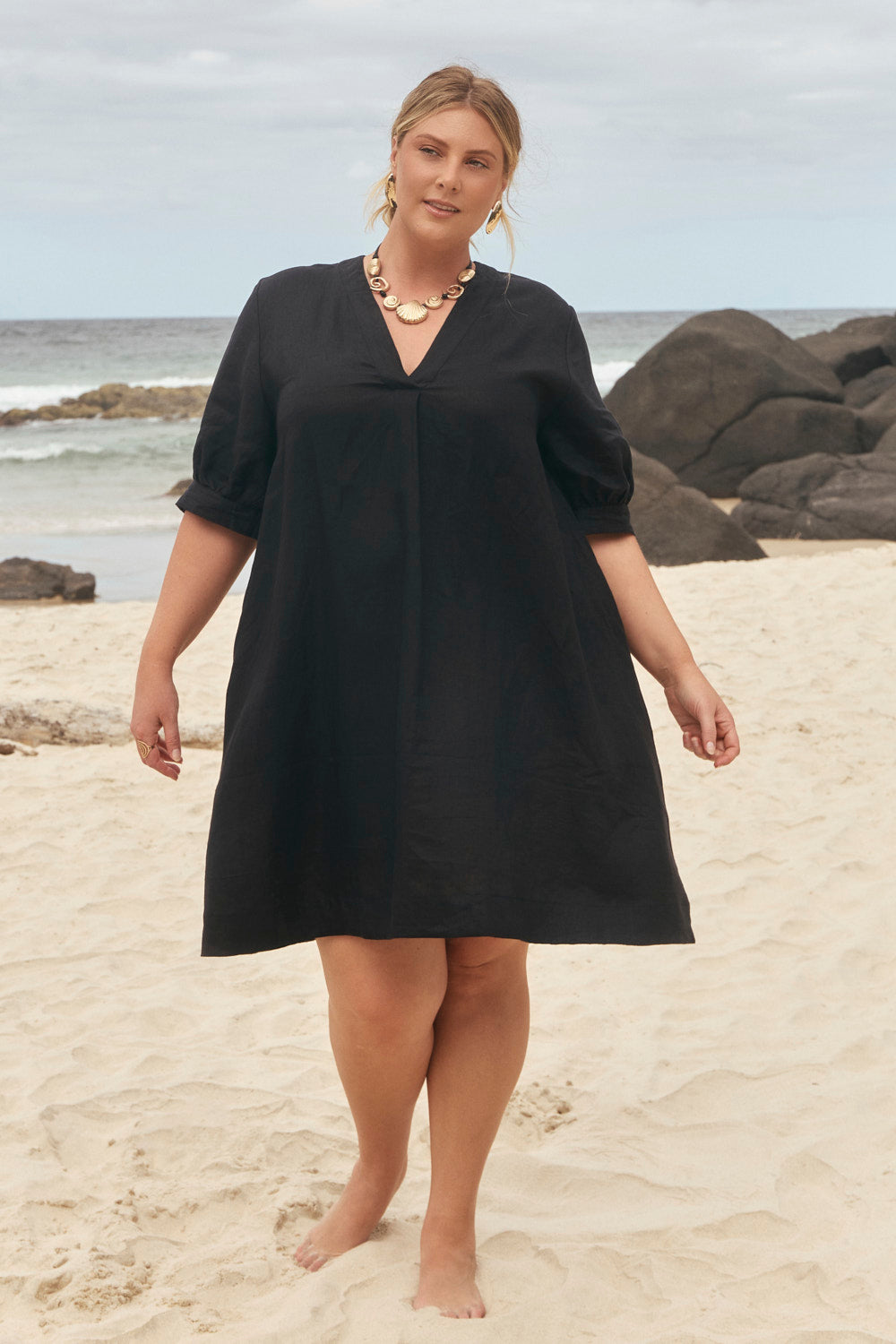 Kora Linen A-Line Puff Sleeve Dress in Black | Adrift Clothing