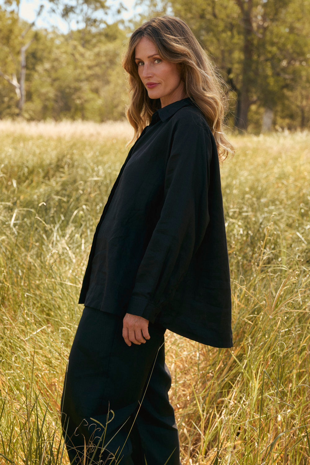 Oversized Linen Boyfriend Shirt in Black | Adrift Clothing