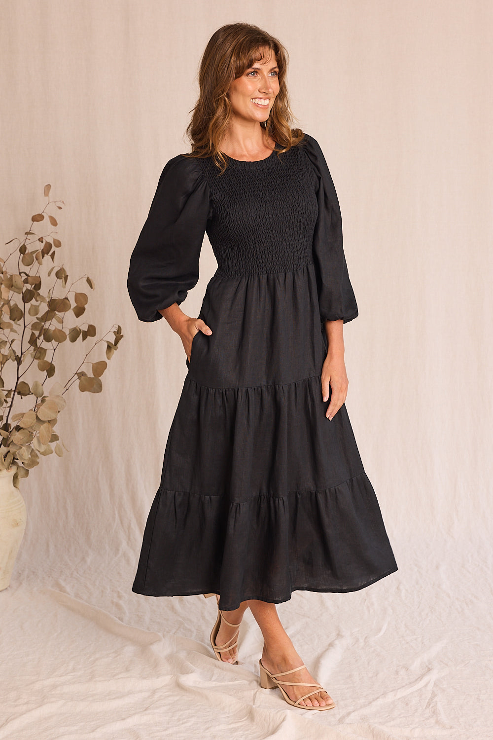 Basics by Adrift Minden Linen Shirred Dress in Black - Linen, Long ...