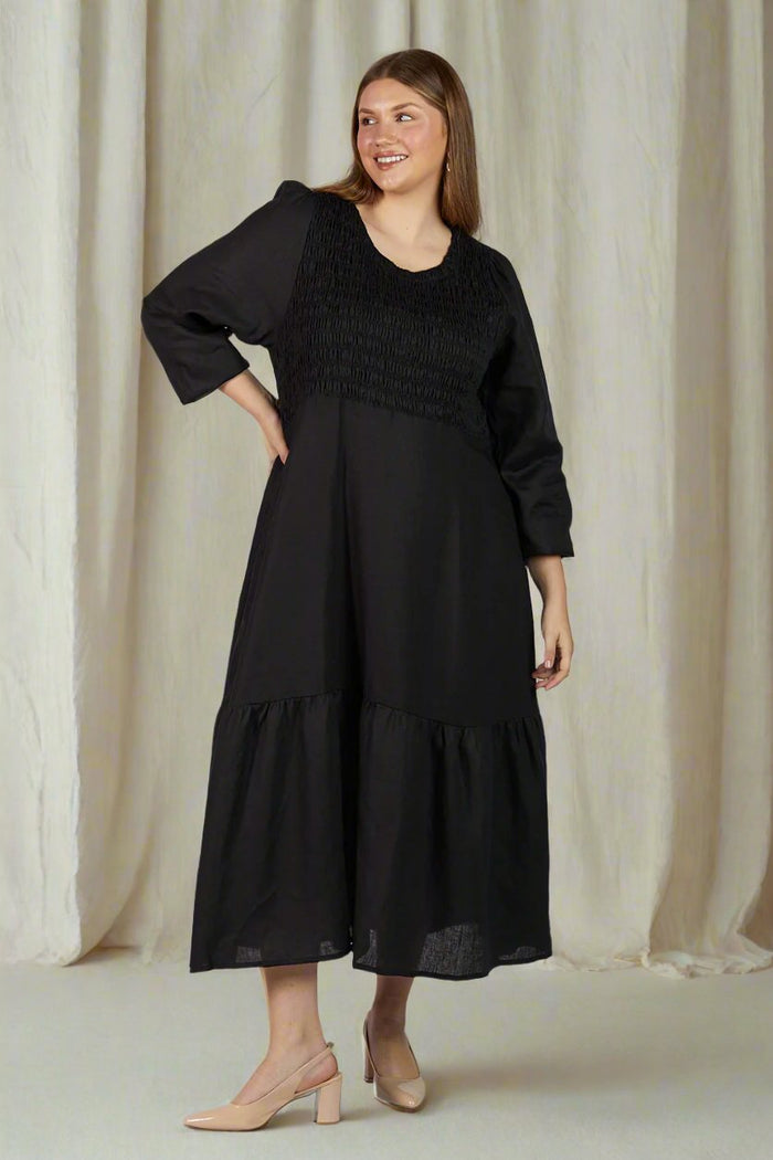 Basics by Adrift Minden Linen Shirred Dress in Black - Linen, Long ...