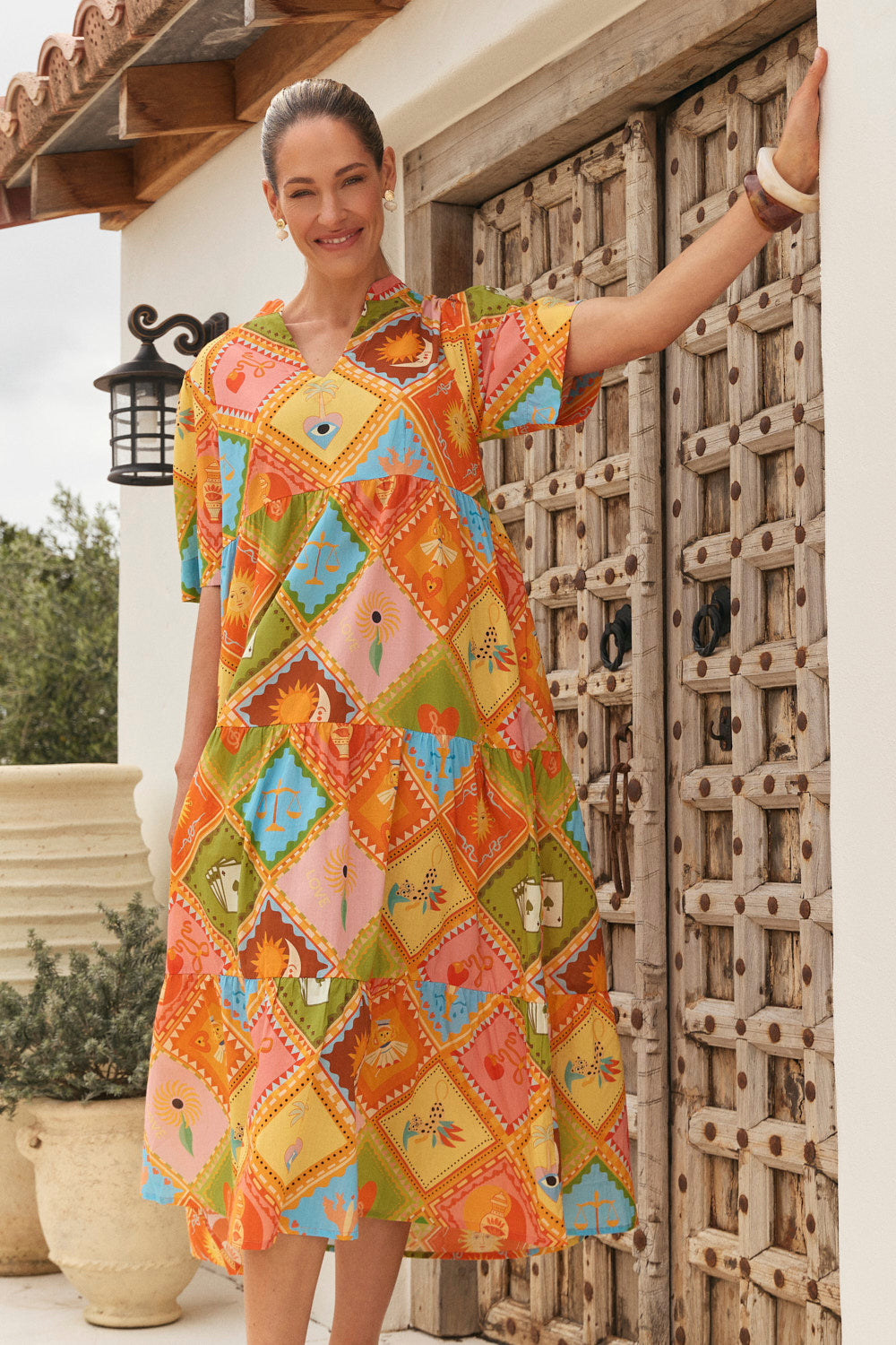 Sabre V-Neck Dress in Sunset Club | Adrift Clothing