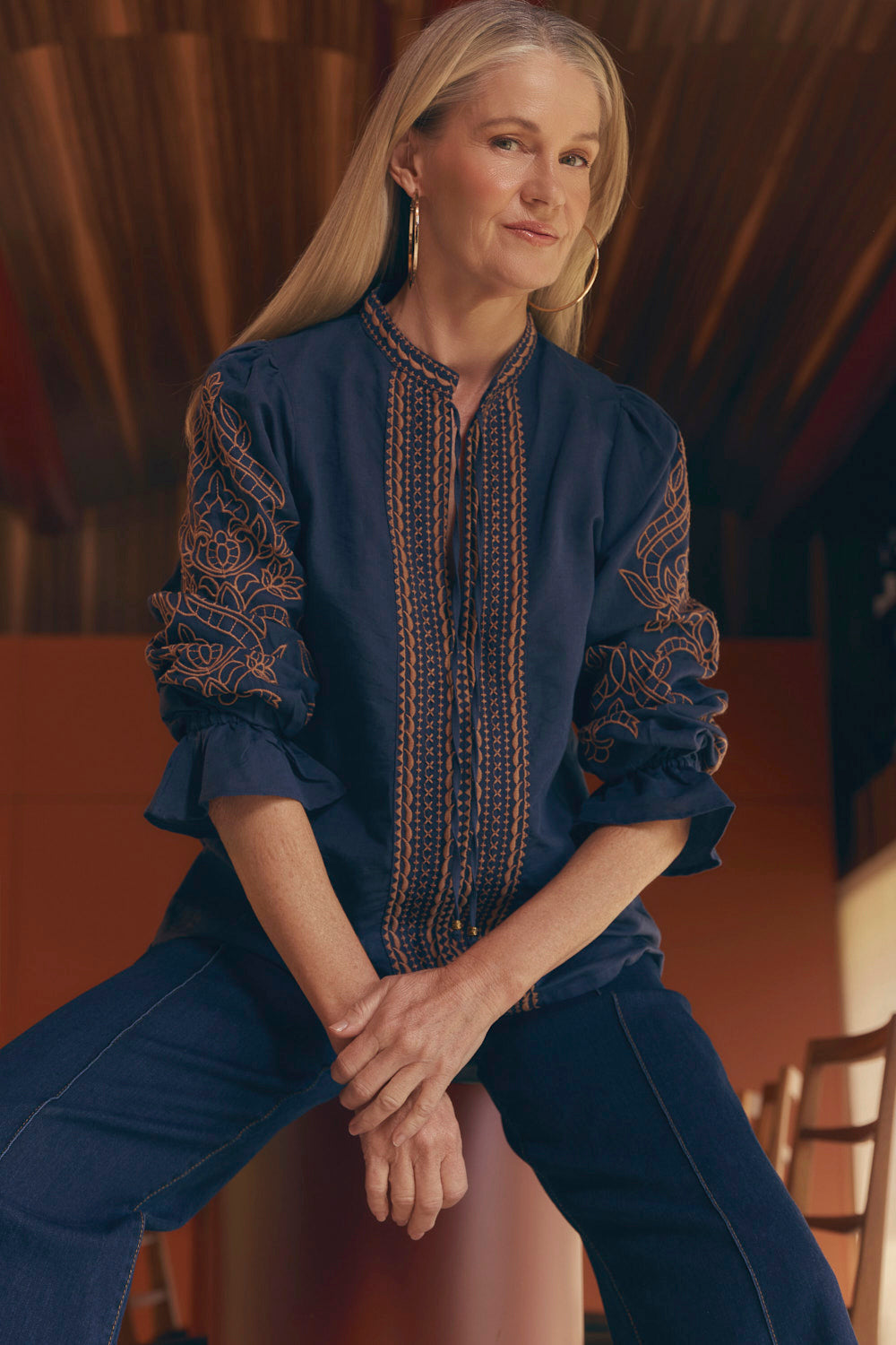Tanya Embroidered Blouse in Navy | Adrift Clothing