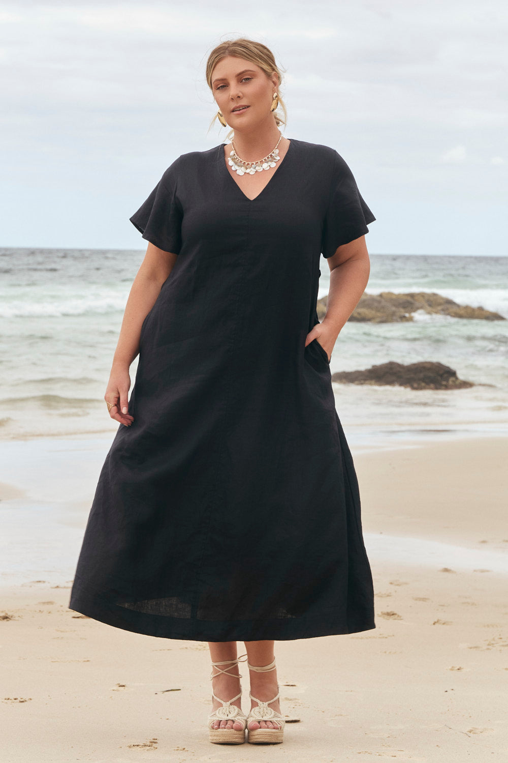 Tatum Linen Flutter Sleeve Dress in Black | Adrift Clothing