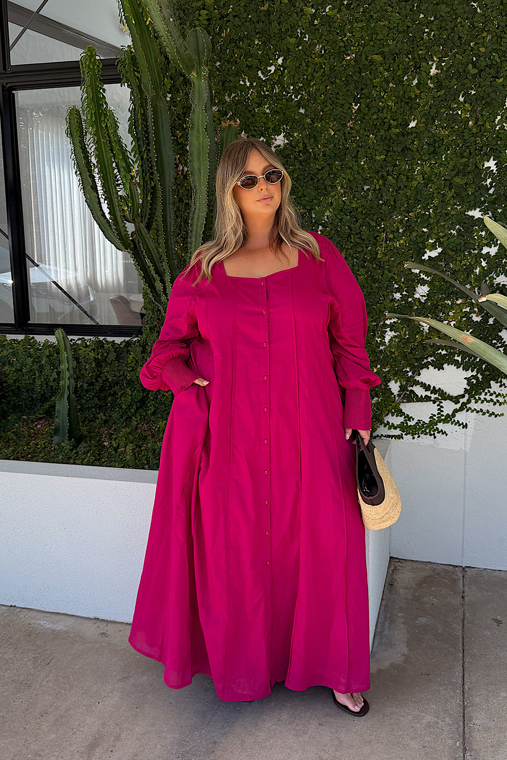Ophelia Button Through Dress in Magenta | Adrift Clothing