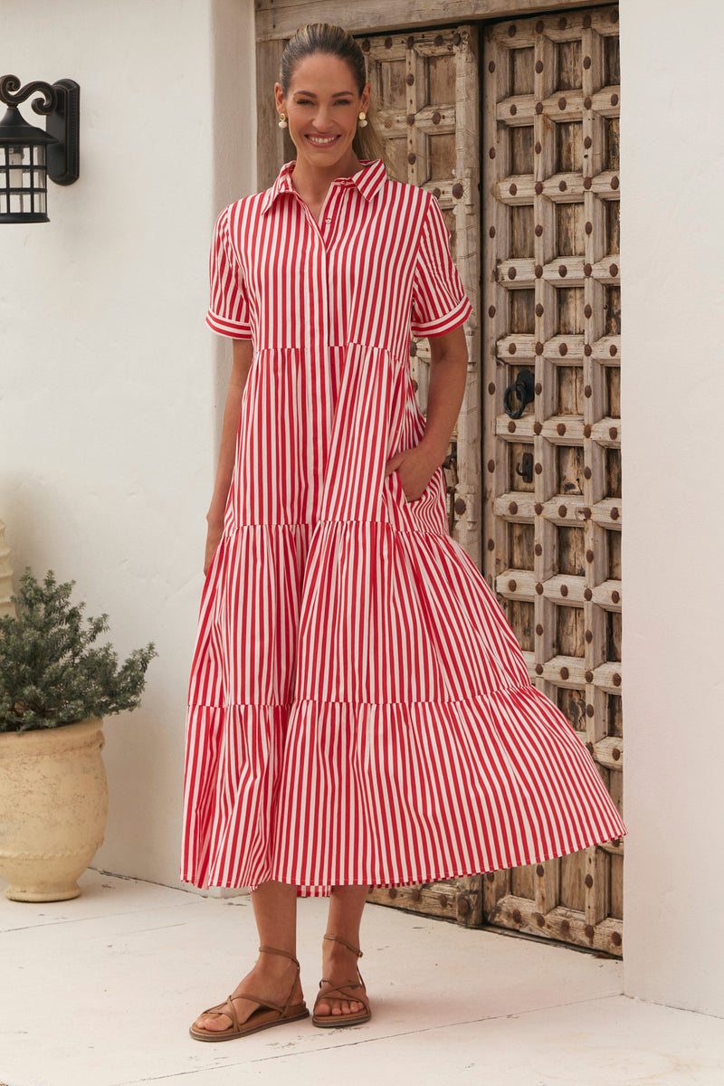 Winslow Button-Through Dress in Red Stripe | Adrift Clothing