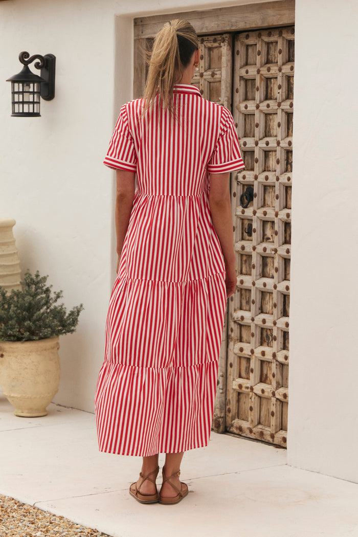 Winslow Button-Through Dress in Red Stripe | Adrift Clothing