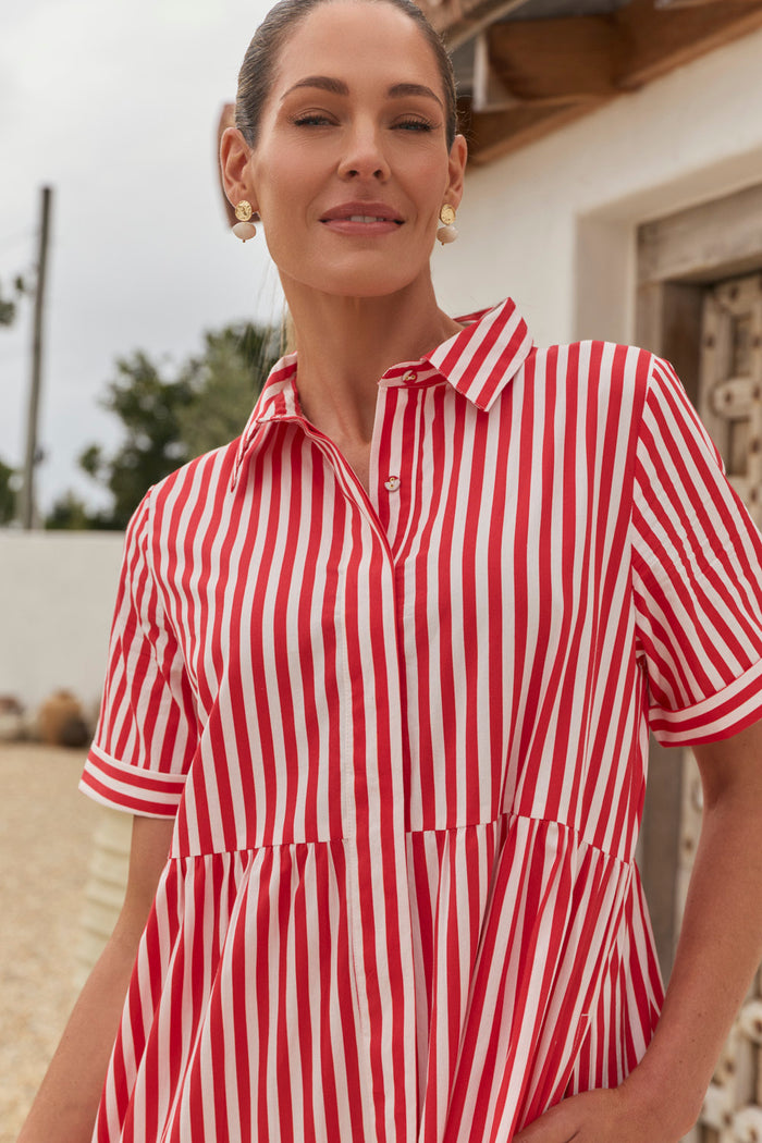 Winslow Button-Through Dress in Red Stripe | Adrift Clothing